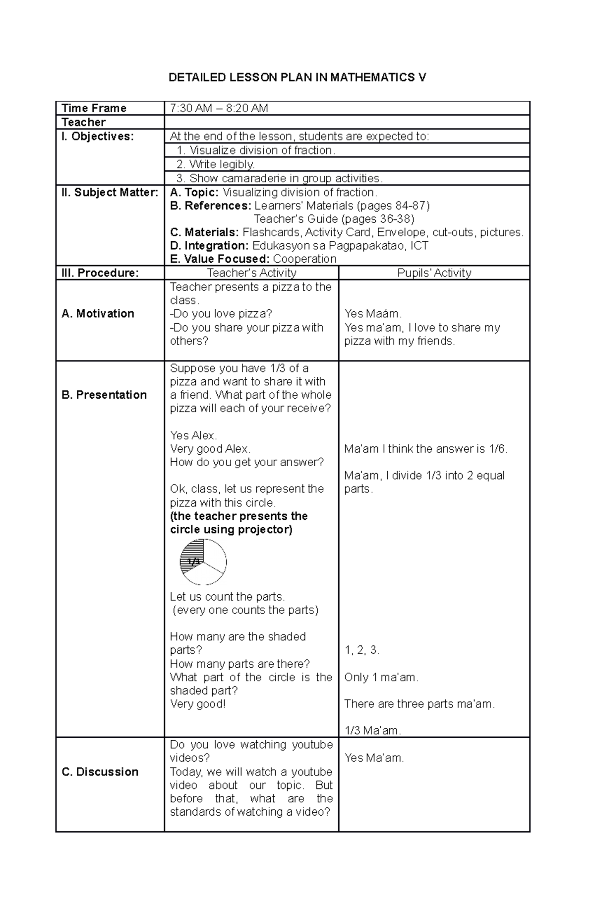 Detailed Lesson Plan in Mathematics V: Visualizing Division of ...