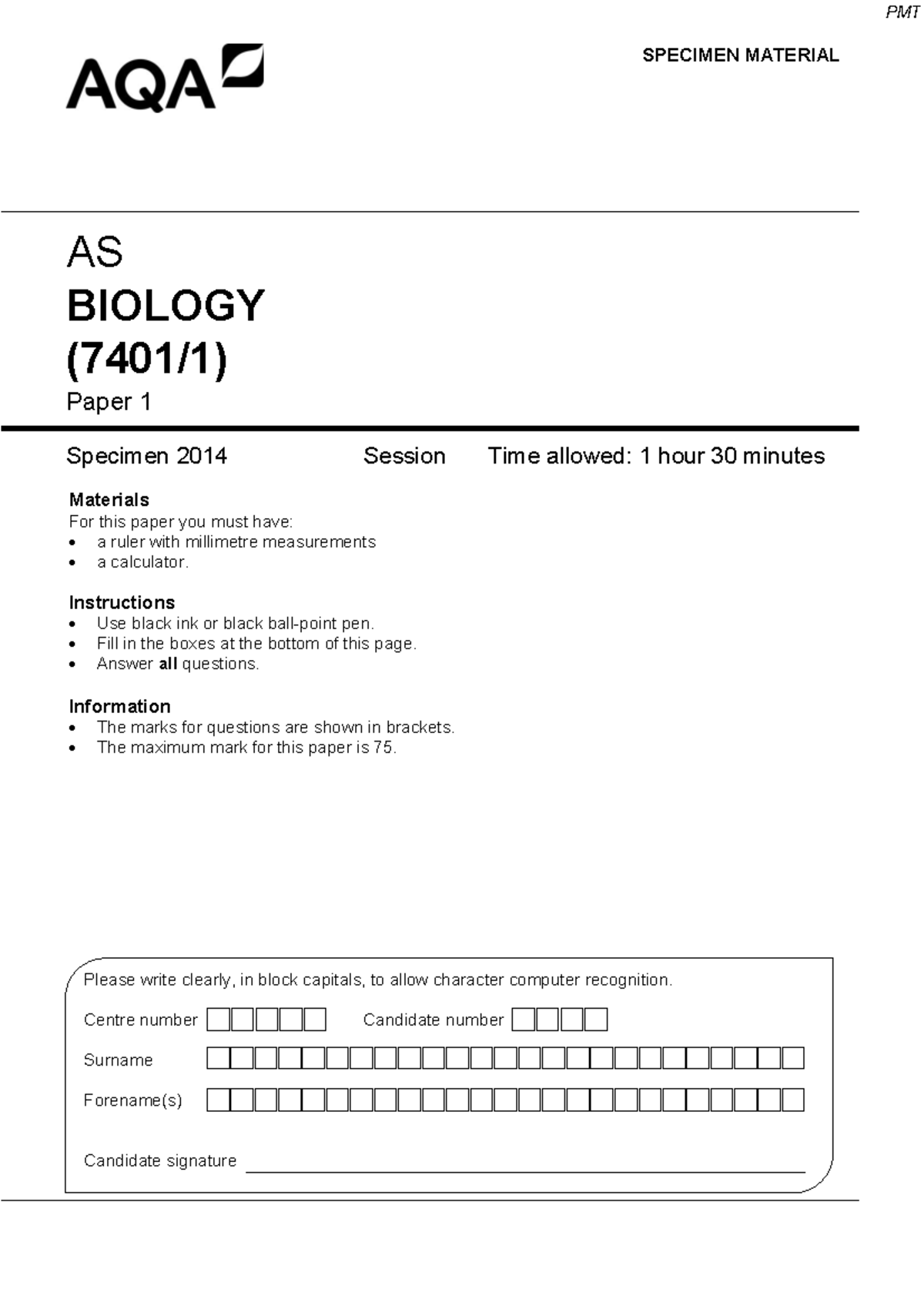 AQA Biology AS-Level Paper 1 Specimen Questions and Answers - Studocu