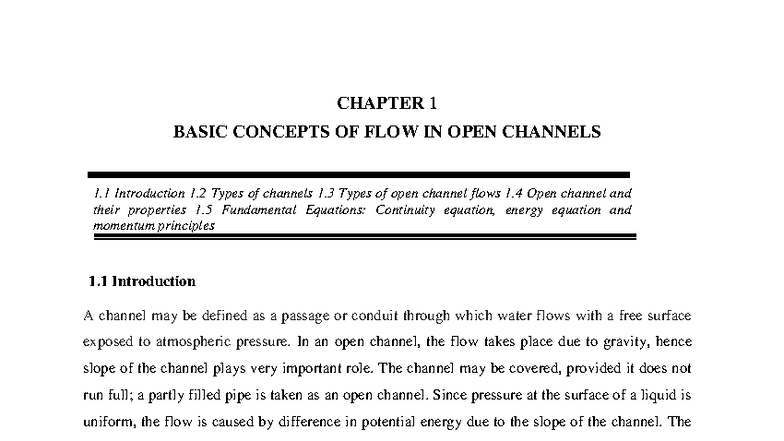 CHAPTER 1 LECTURE NOTES ON OPEN CHANNEL FLOW (CIVIL ENG 2024) - Studocu