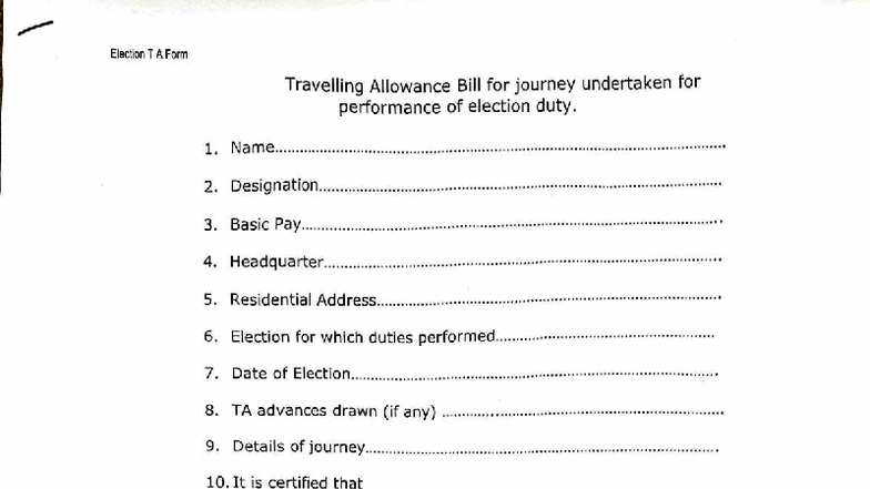 Election TA Form for Traveling Allowance Claim - Studocu