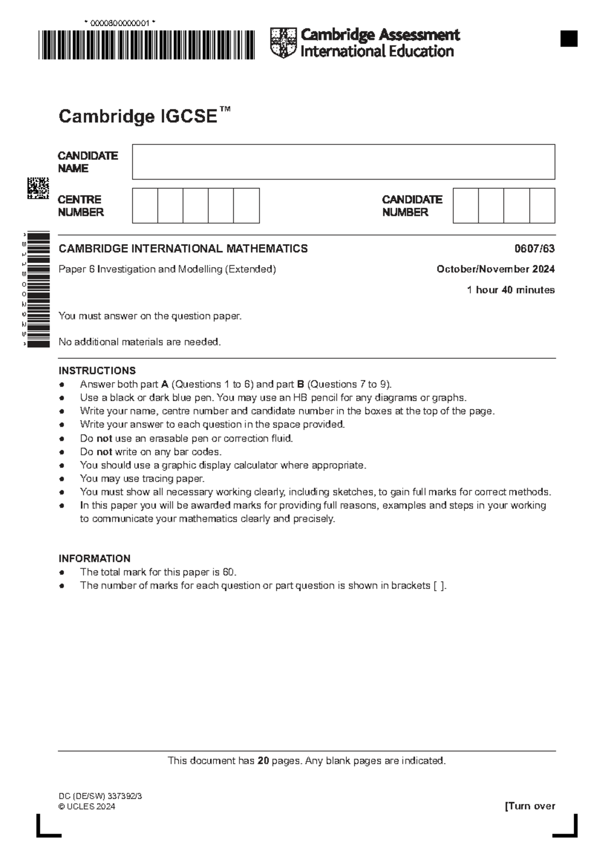 Cambridge E 8 1 1 8 0 0 2 9 2 5 Paper 6 Maths Investigation & Modelling ...