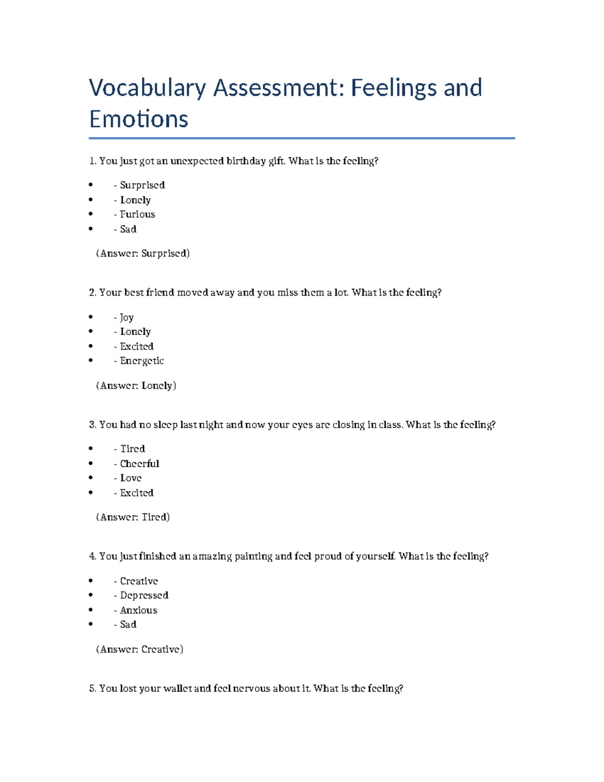 Vocabulary Assessment: Feelings and Emotions Quiz - Studocu