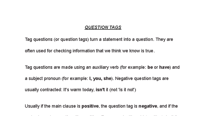Question TAGS: Understanding Tag Questions in English - Studocu