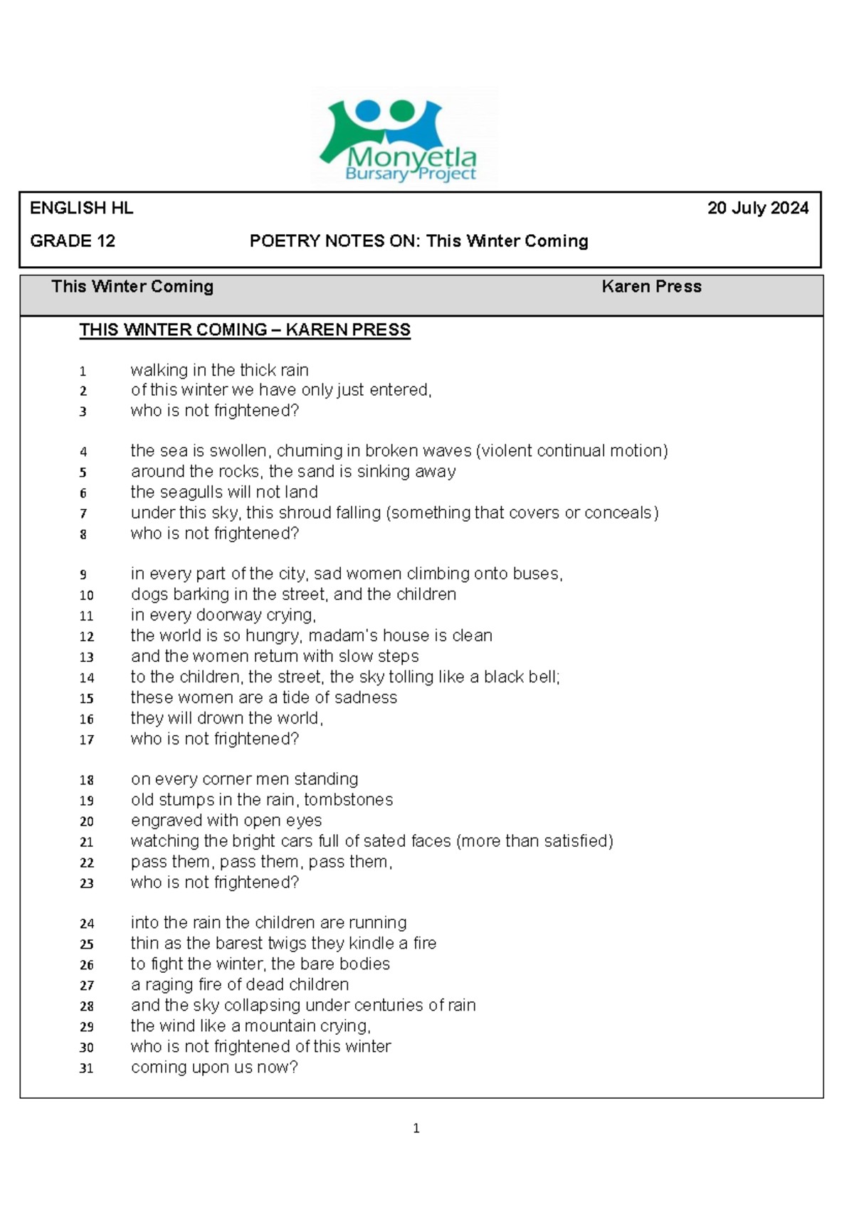ENGLISH HL GRADE 12 POETRY NOTES: "This Winter Coming" by Karen Press ...