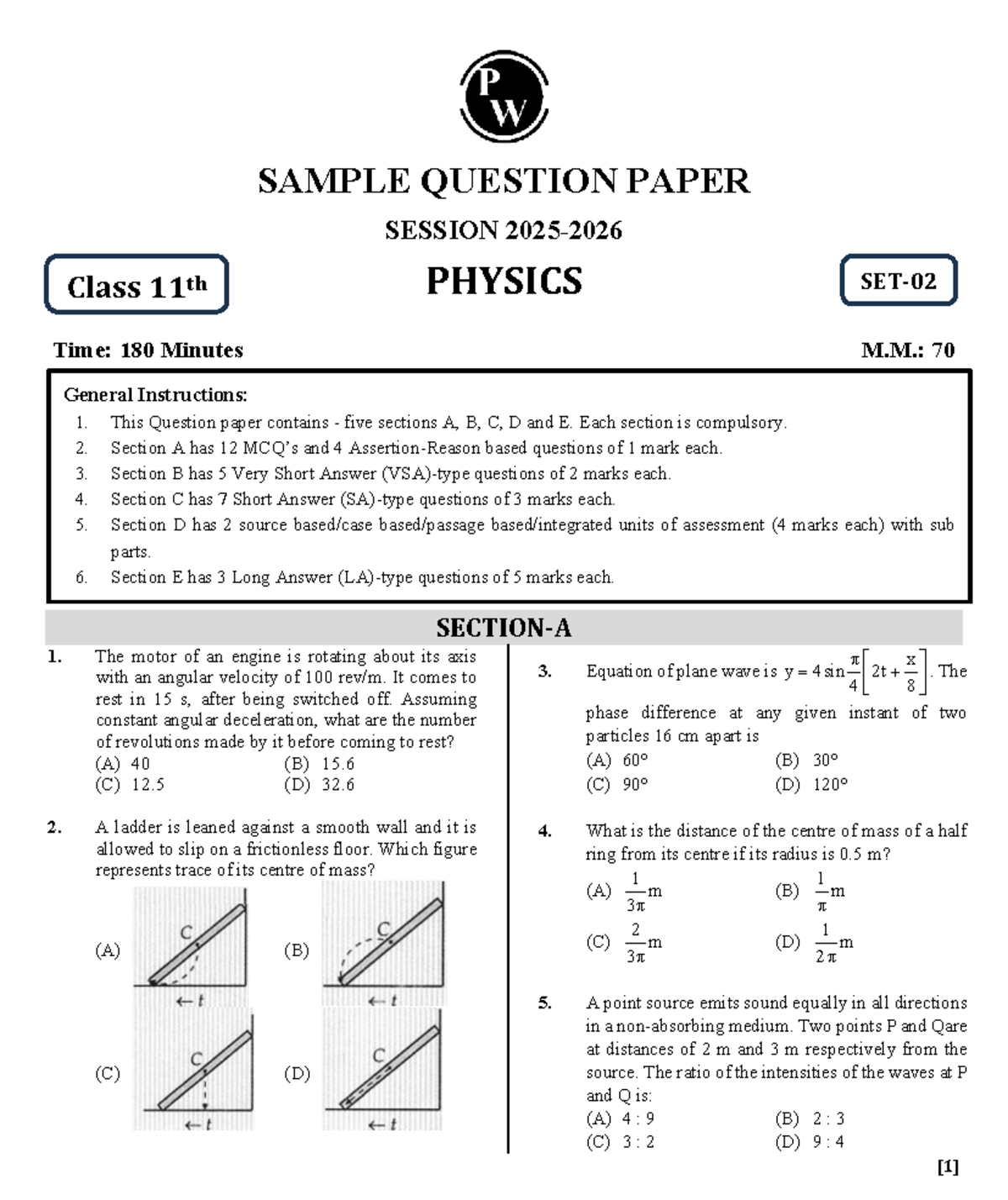Physics Class 11th Sample Question Paper - Session Exam - Studocu