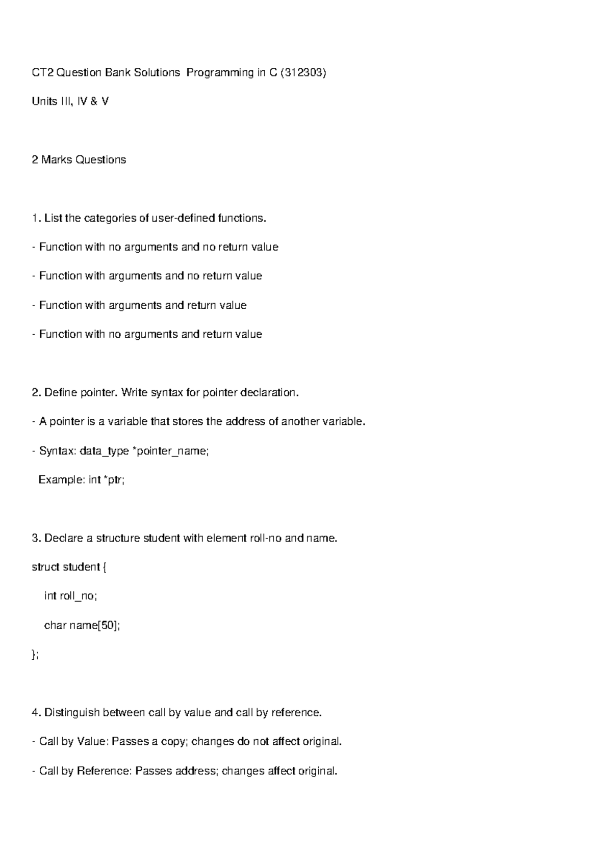 CT2 question bank solutions for programming in C (312303) - Studocu