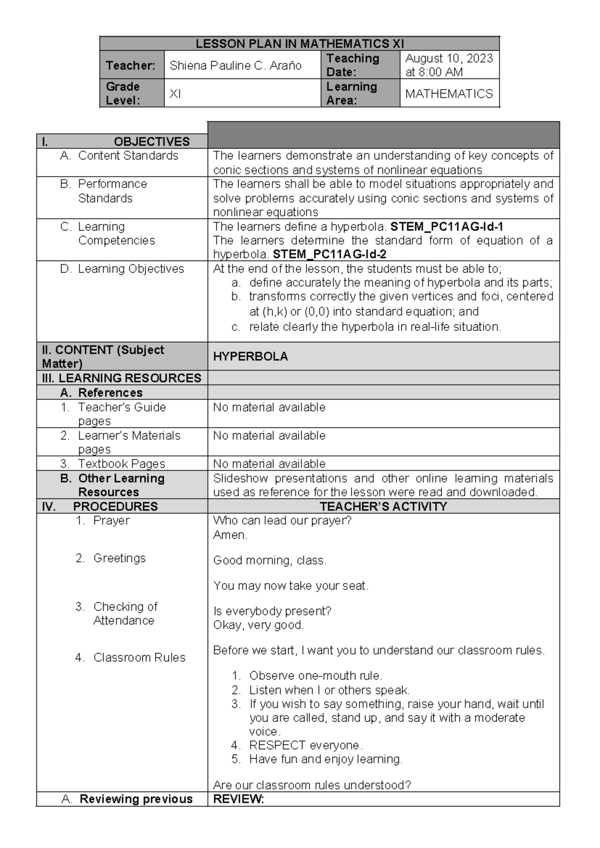 Lesson Plan in Mathematics XI: Understanding Hyperbolas - Studocu
