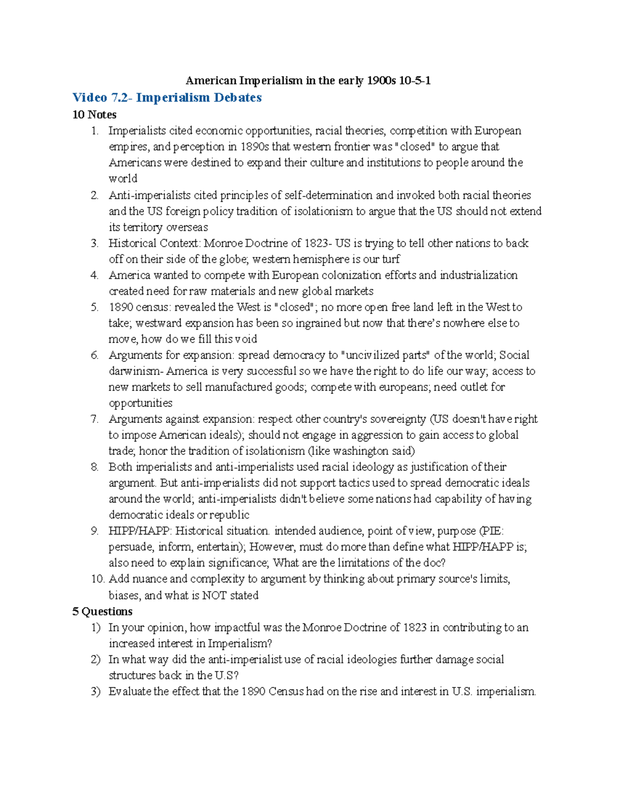American Imperialism (HIST 101): Examining Early 1900s Debates - Studocu
