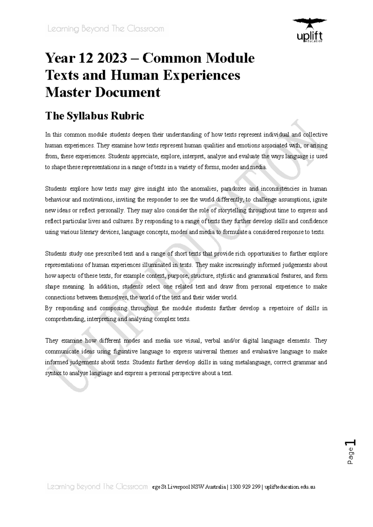 Year 12 2023 Common Module: Texts & Human Experiences Master Document ...
