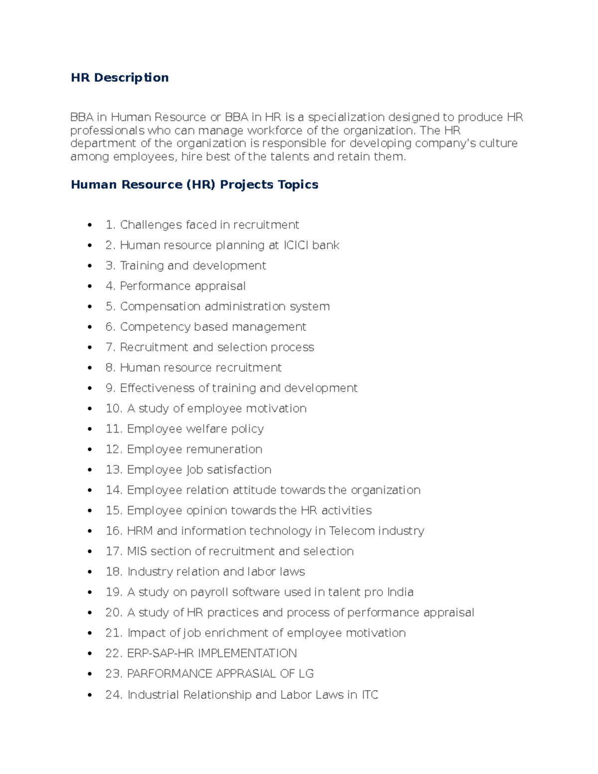 BBA project about Human Resources - HR Description BBA in Human Resource or BBA in HR is a - Studocu