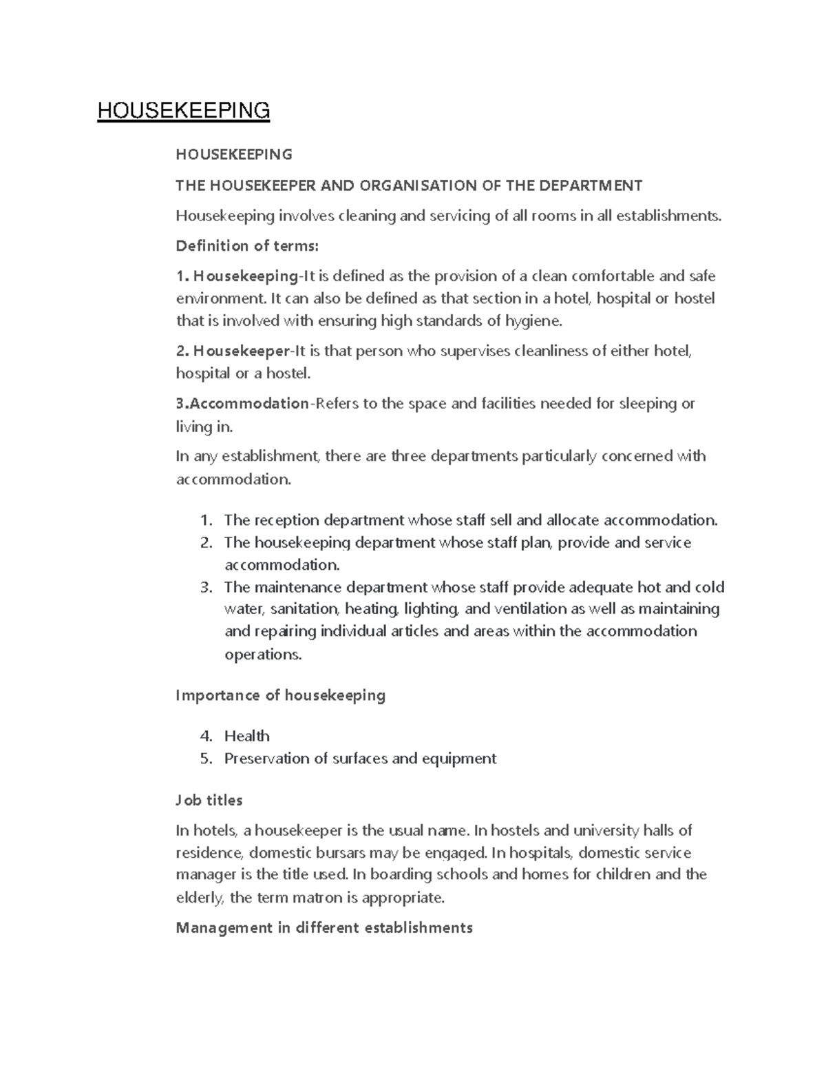 Housekeeping Management Overview - Best Practices and Insights - Studocu