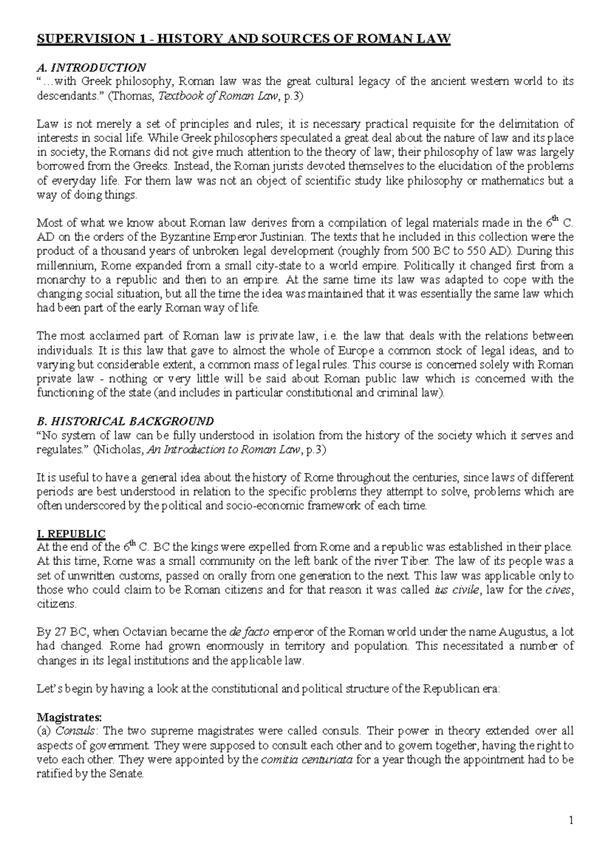 Civil Law I (Roman Law) Notes Complete - SUPERVISION 1 - HISTORY AND ...