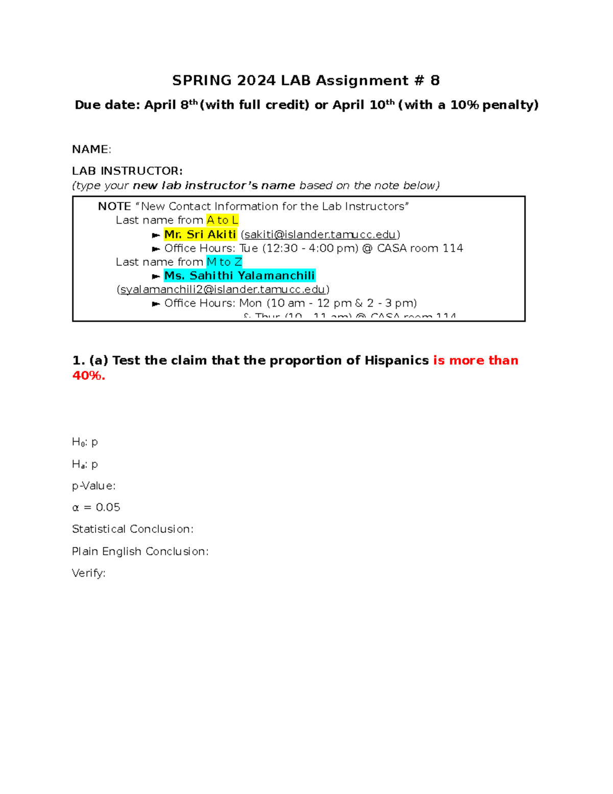 Lab #8 Statistical Analysis Template - Spring 2024 - Studocu