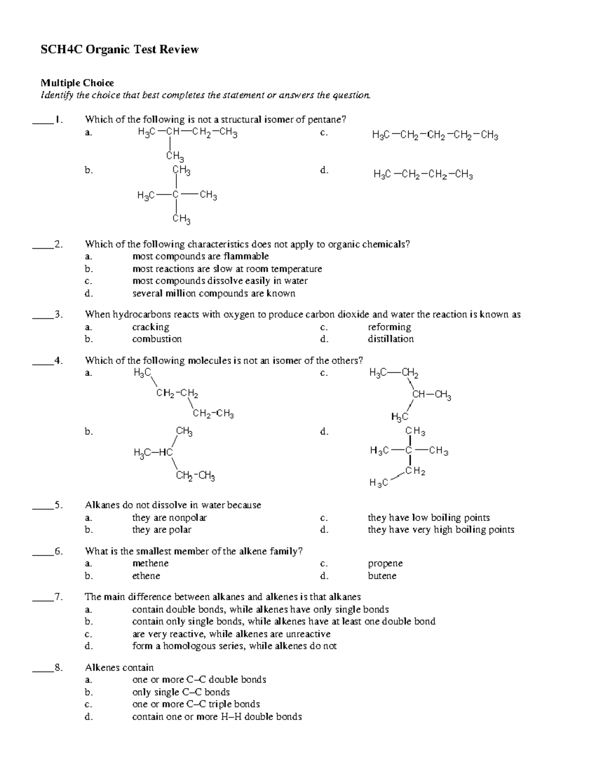 SCH4C Organic Chemistry Test Review: Multiple Choice Questions - Studocu