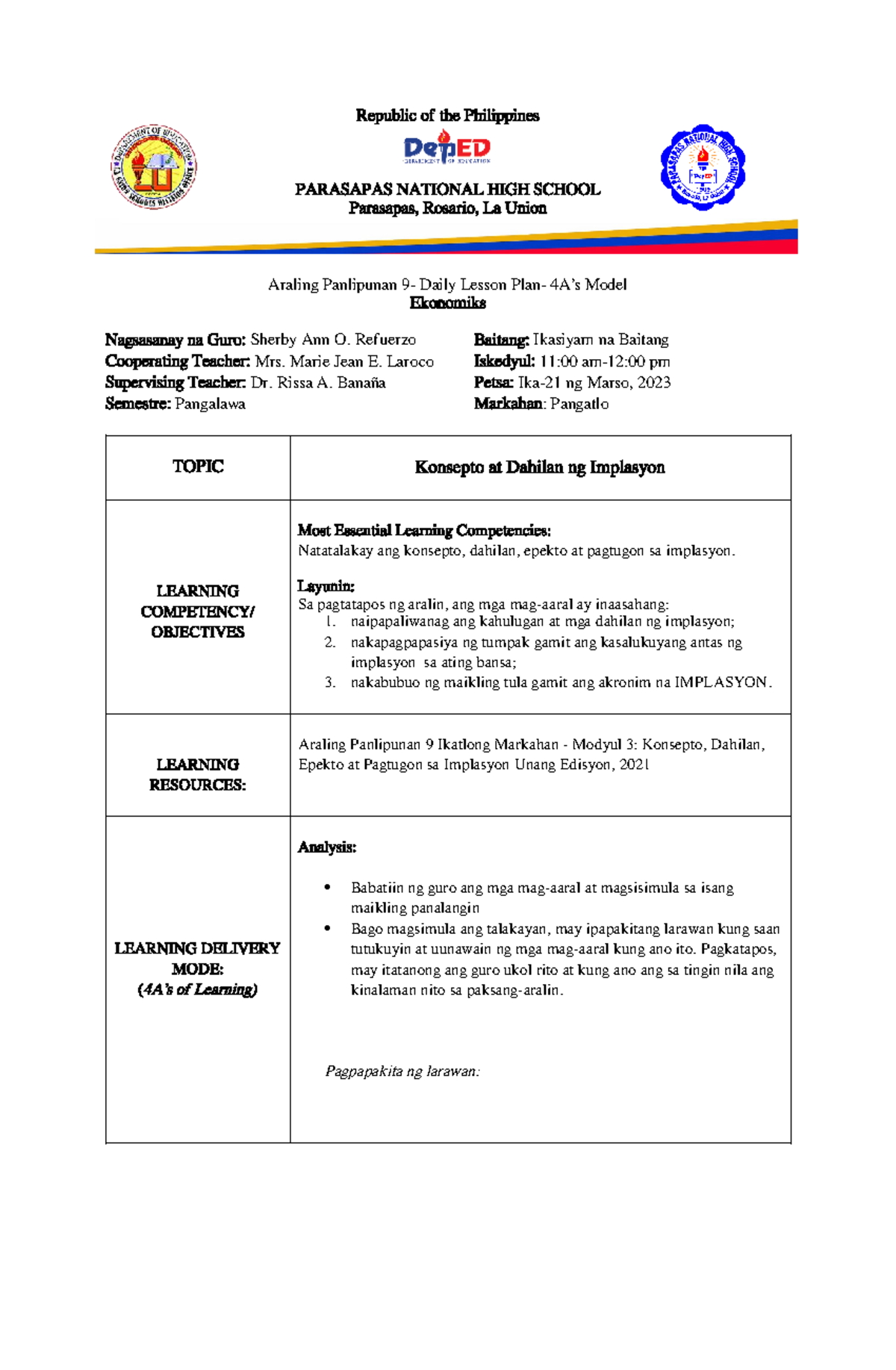 Araling Panlipunan 9: Daily Lesson Plan on Implasyon - Studocu