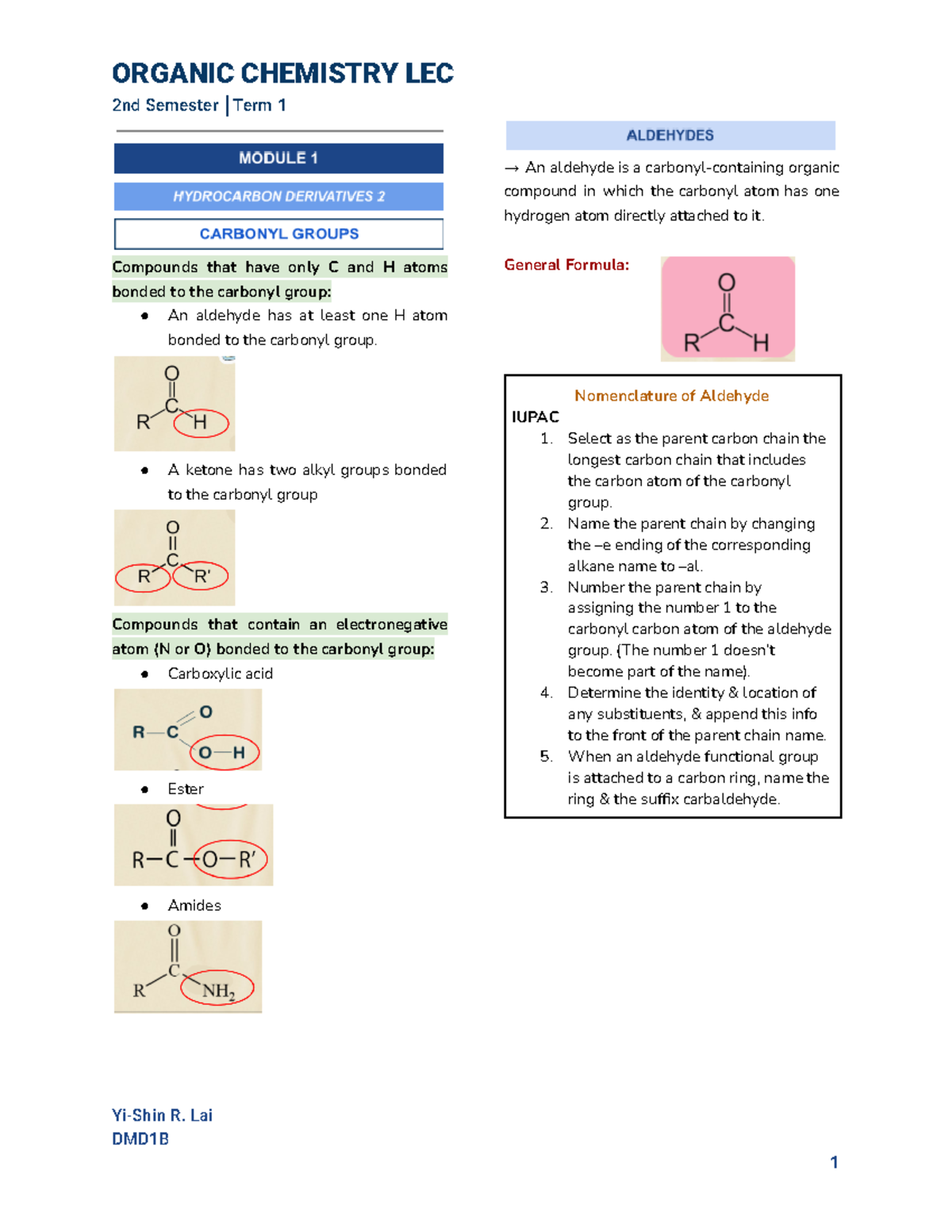 Org Chem DMD1B Final Exam Notes - Focus on Carbonyl Compounds - Studocu
