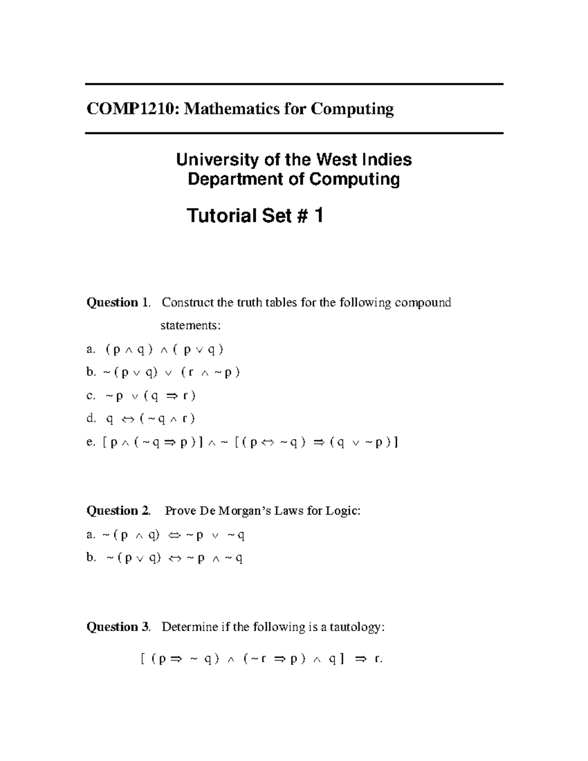 COMP1210: Tutorial Set 1 - Truth Tables & Logic Proofs - Studocu
