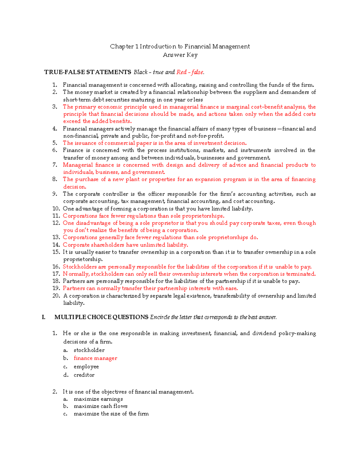 01 Financial Management Introduction & Answer Key for Exam - Studocu