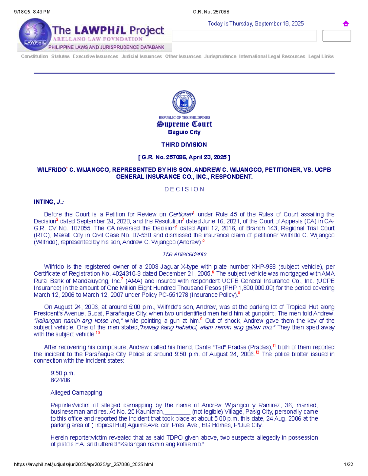 G.R. No. 257086: Wijangco vs. UCPB Insurance - Insurance Claim Dispute ...