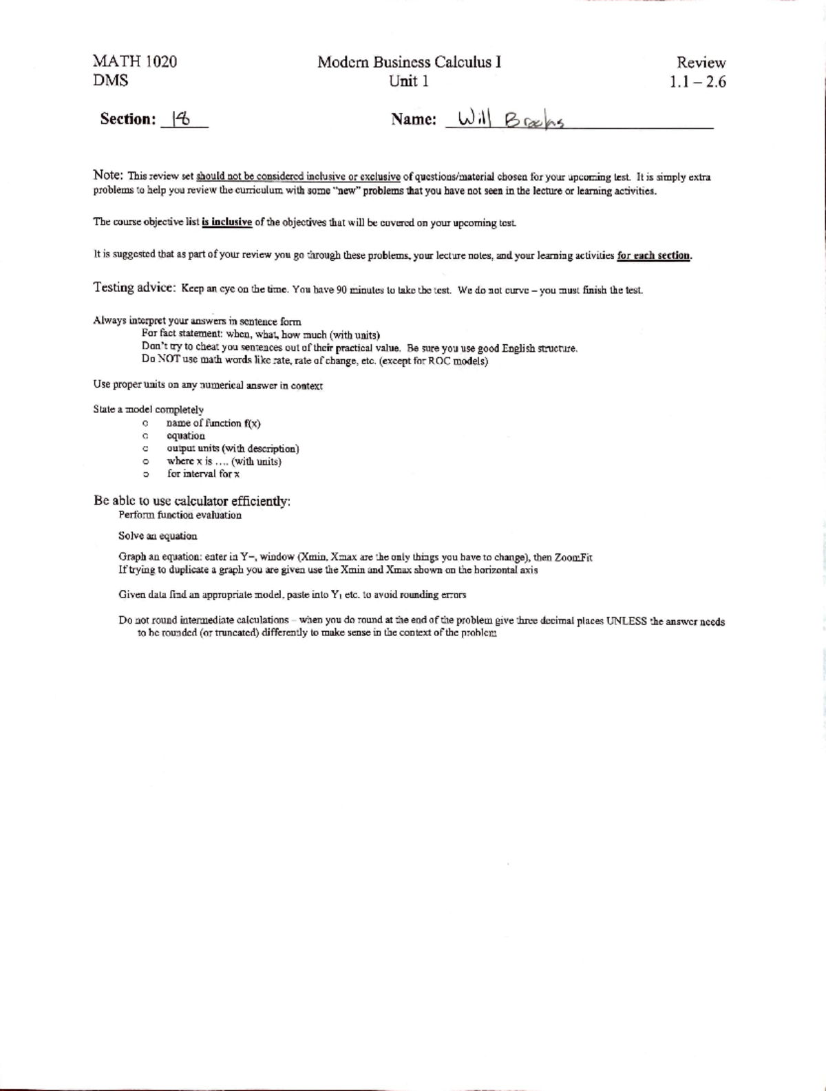 MATH 1020 Modern Business Calculus I Exam 1 Practice Review - Studocu