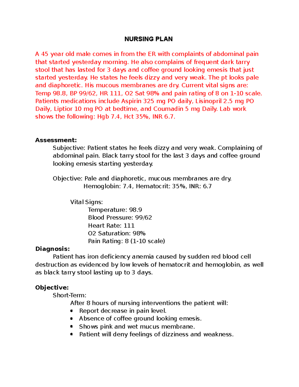 Wellness Care Plan for Patient with Iron Deficiency Anemia (Foundations ...