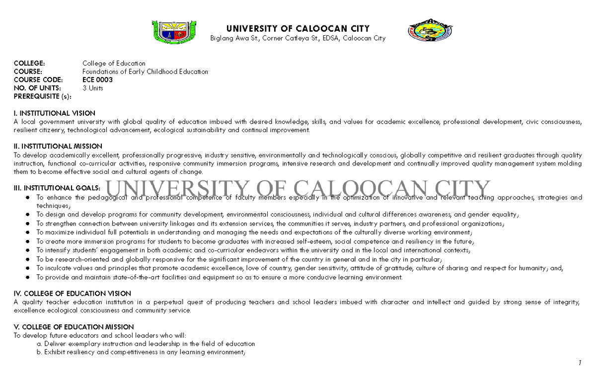 Course Syllabus Ece 003 Foundations Of Early Childhood Ed 24 25
