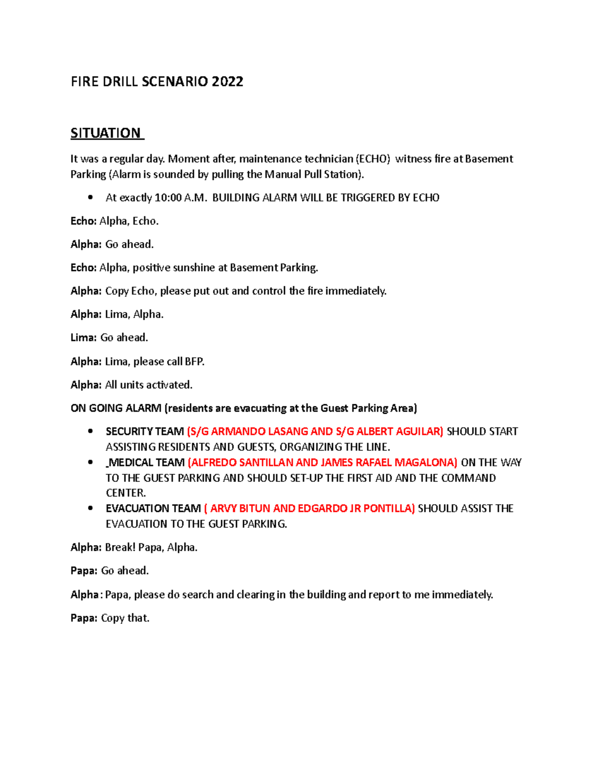 FIRE scenario - FIRE DRILL SCENARIO 2022 SITUATION It was a regular day ...