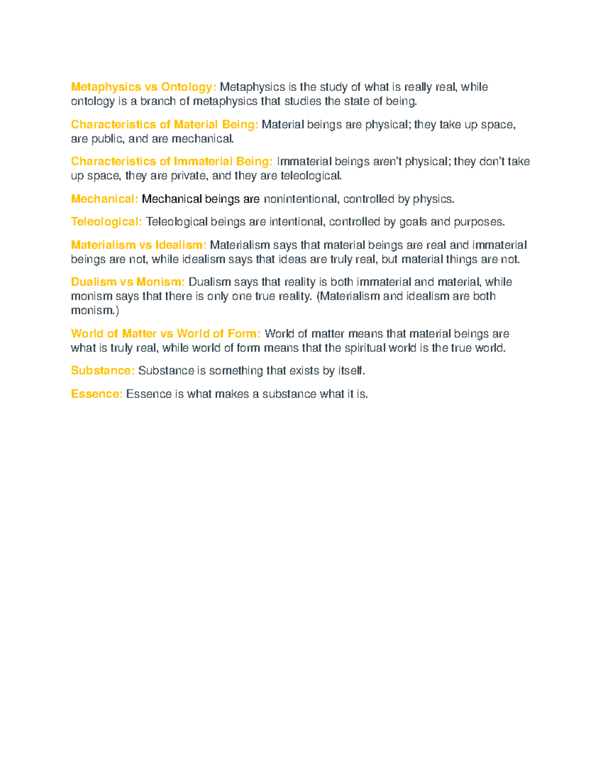 Module 1 (Metaphysics) Key Terms and Concepts Overview - Studocu