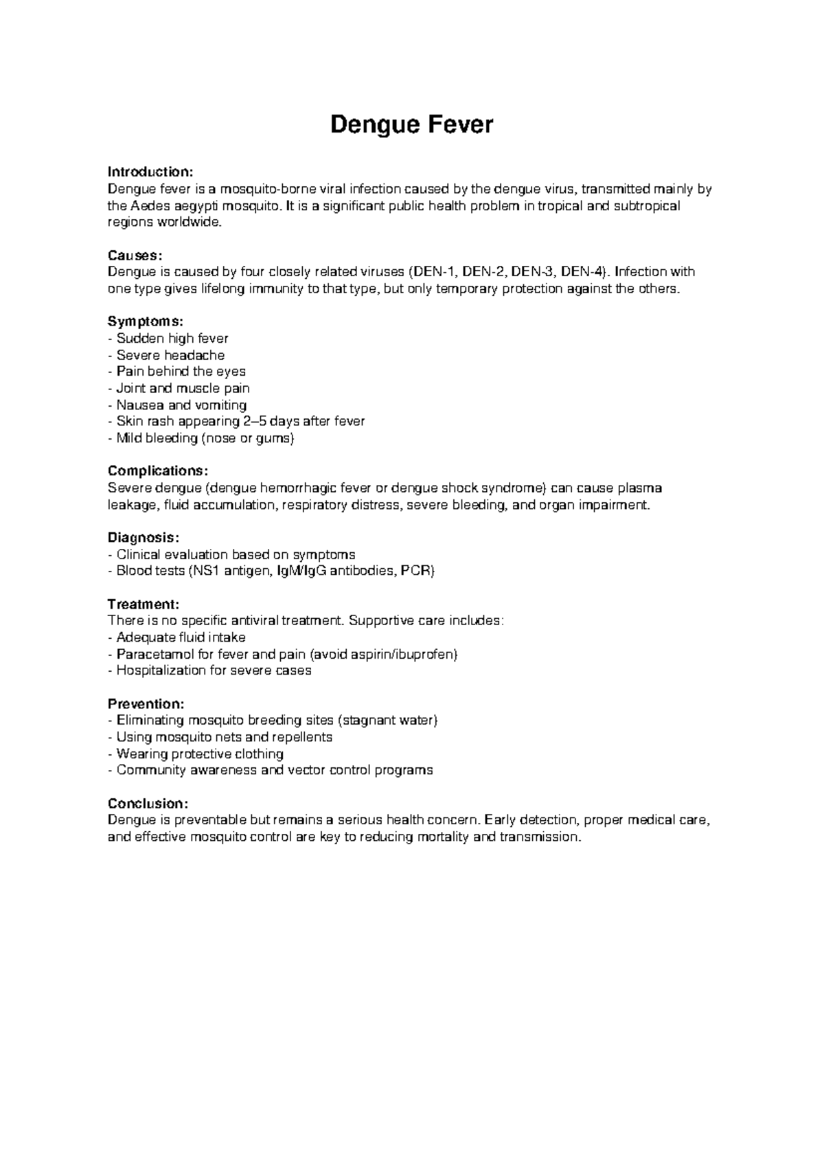 Dengue Fever Overview: Causes, Symptoms, and Prevention - Assignment ...