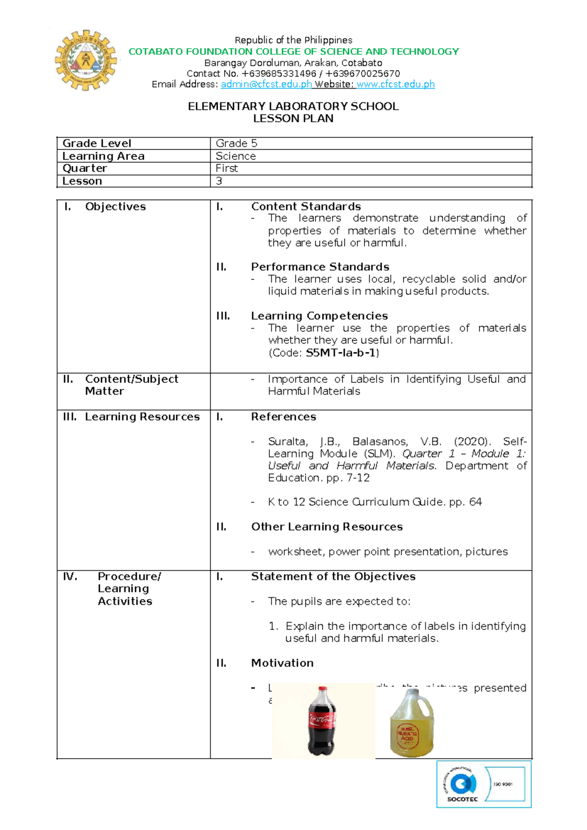 Grade 5 Science Lesson Plan: Understanding Useful & Harmful Materials - Studocu