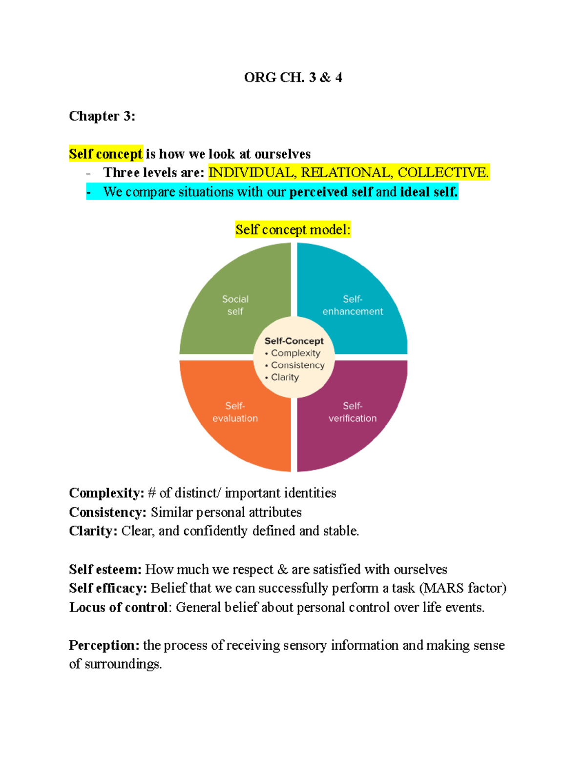 ORG ch. 3 & 4 - Study guide - ORG CH. 3 & 4 Chapter 3: Self concept is ...