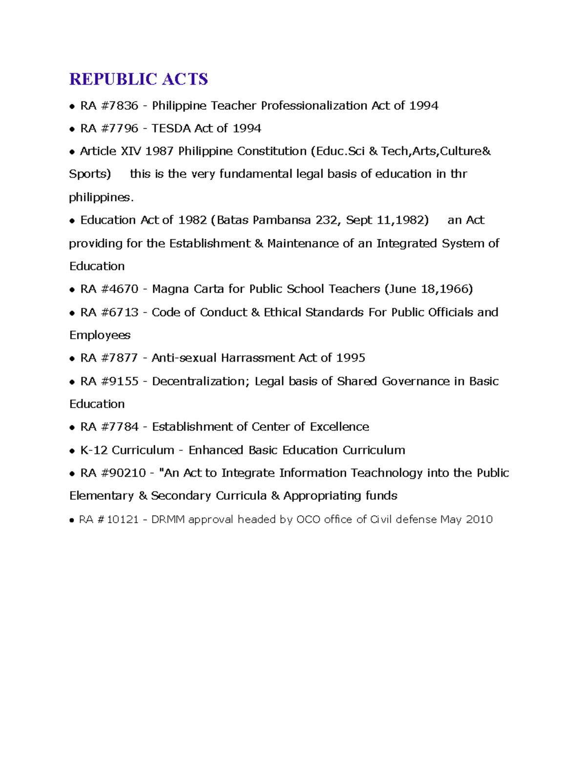 Republic Acts on Education and Teacher Professionalization (Educ.Sci ...