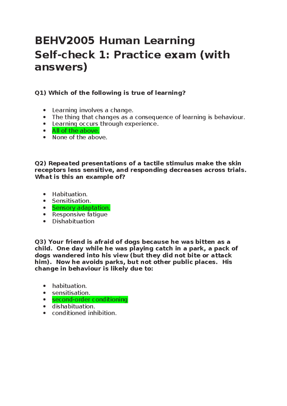 BEHV2005 Human Learning - Practice Exam Questions & Answers 2024 - Studocu