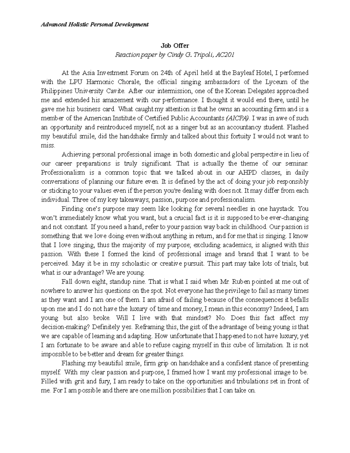 AHPD AC201: Job Offer Reaction Paper on Personal Development - Studocu