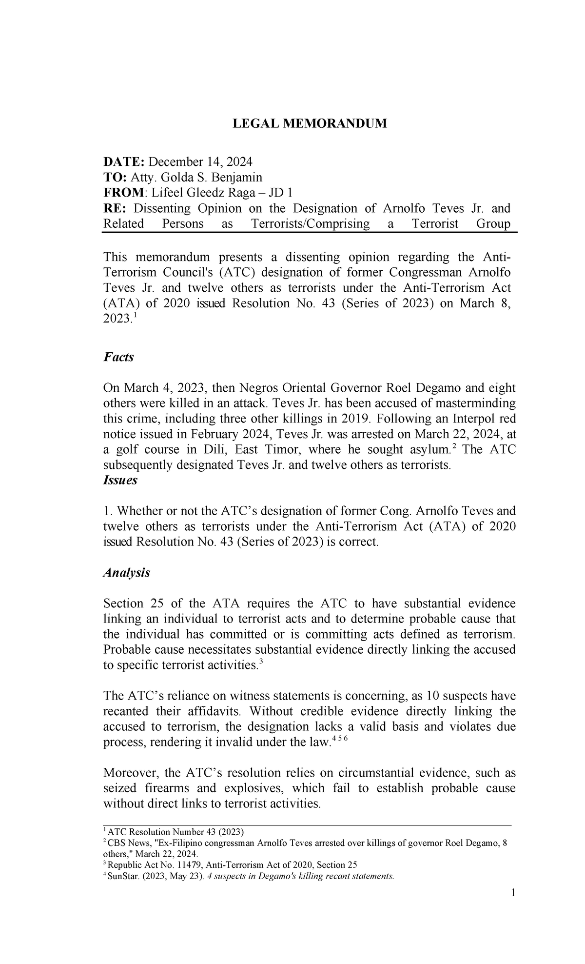 V.2 Legal Memorandum - RAGA LRW - 1 LEGAL MEMORANDUM DATE: December 14 ...