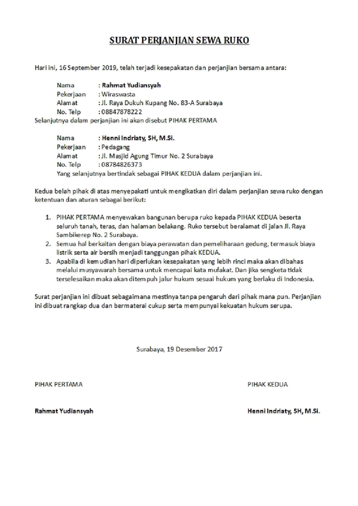 Surat Perjanjian Sewa Ruko 1: Panduan Lengkap dan Contoh - Studocu