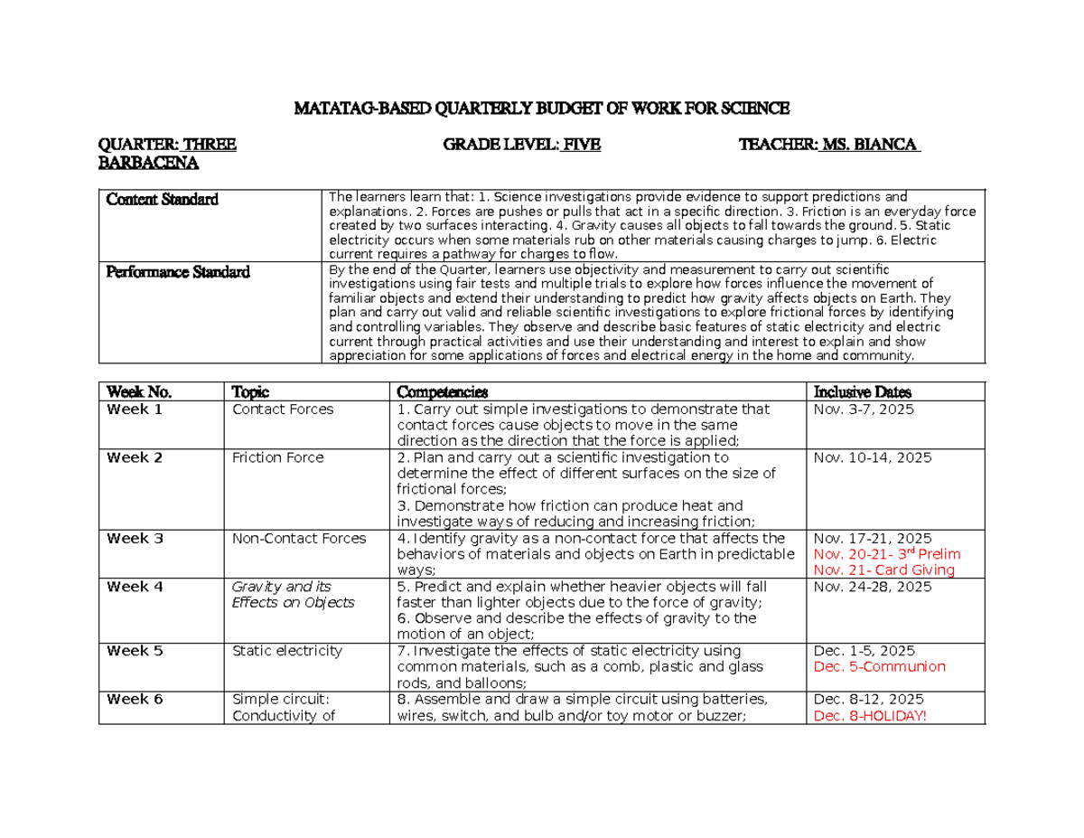 BOW Q3 Science 5: Exploring Forces and Electricity Concepts - Studocu