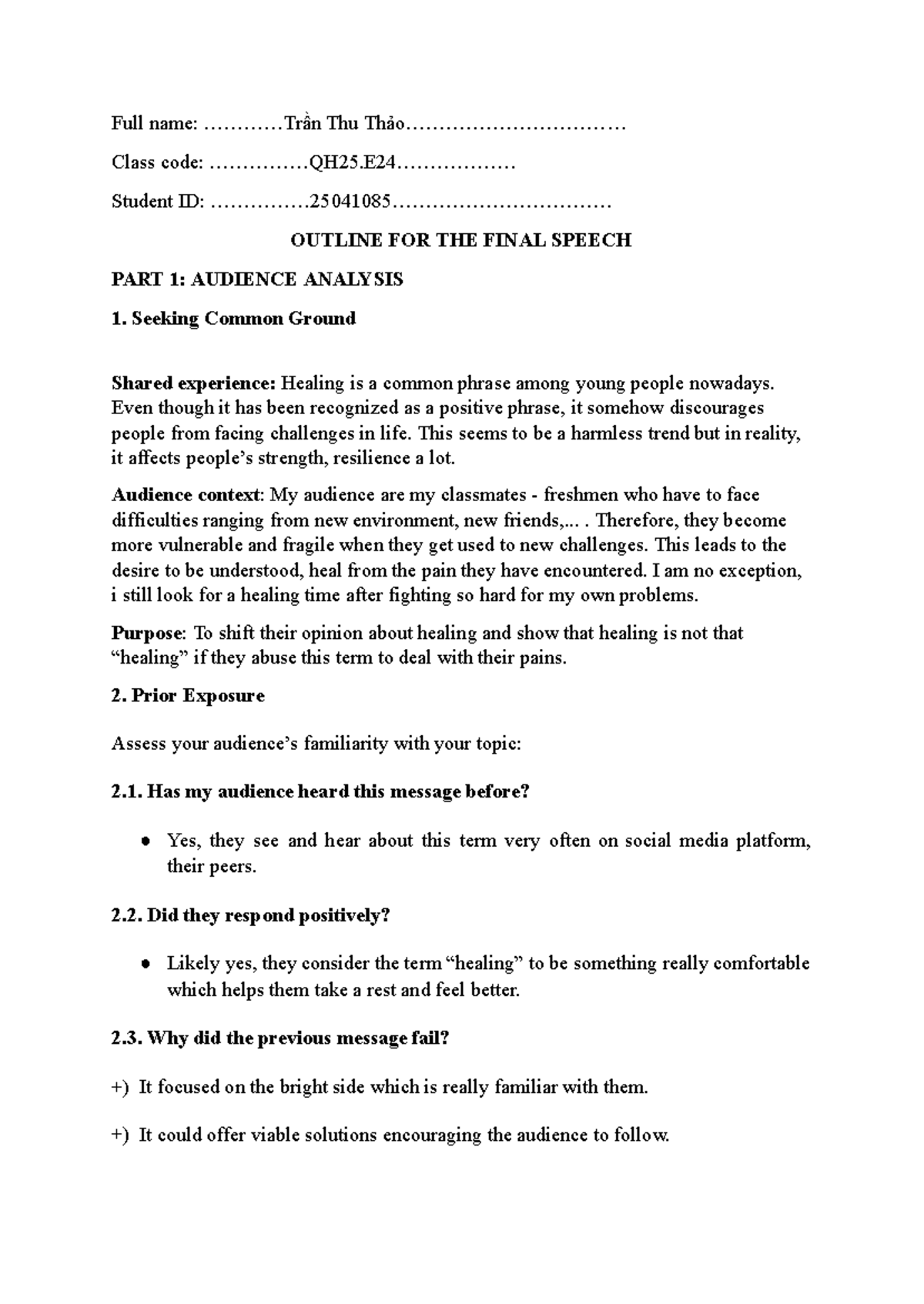 Draft Outline for Final Speech: Healing Perspectives and Audience ...