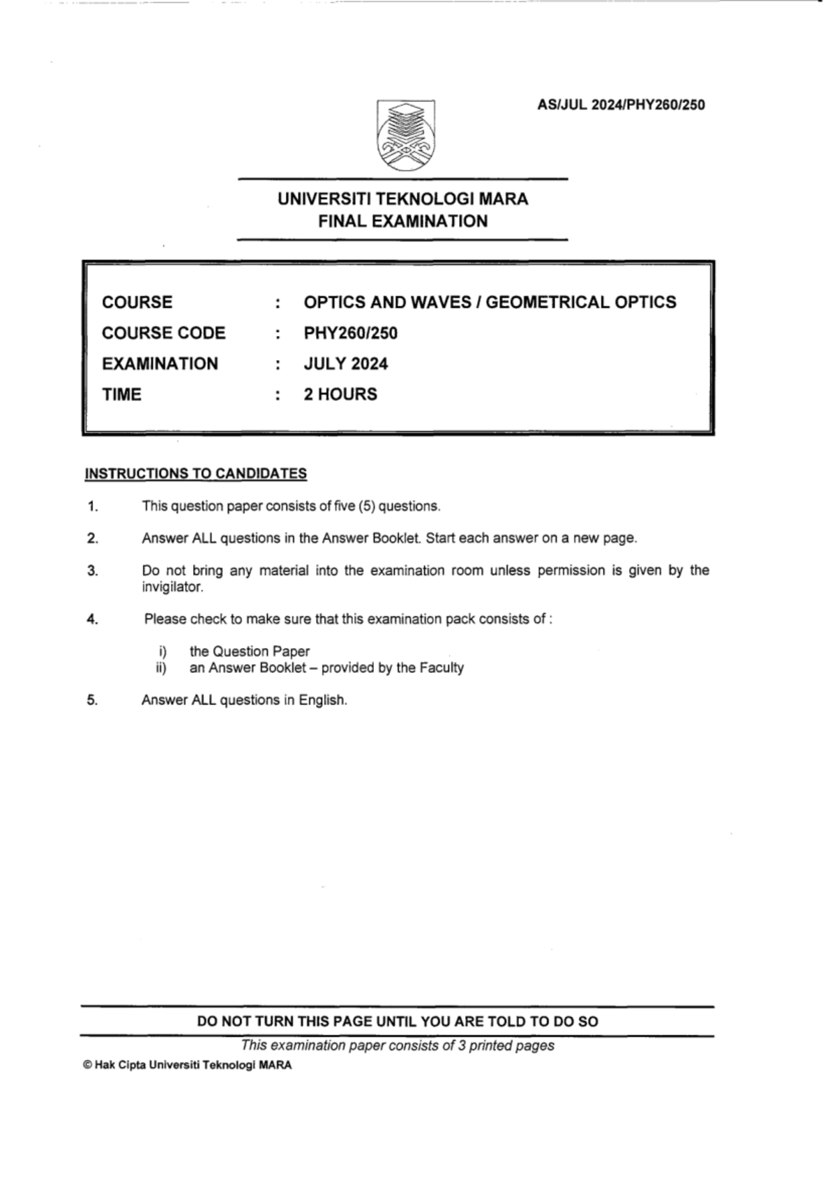 UTM Final Exam: Optics and Waves (Course Code) - July 2024 - Studocu