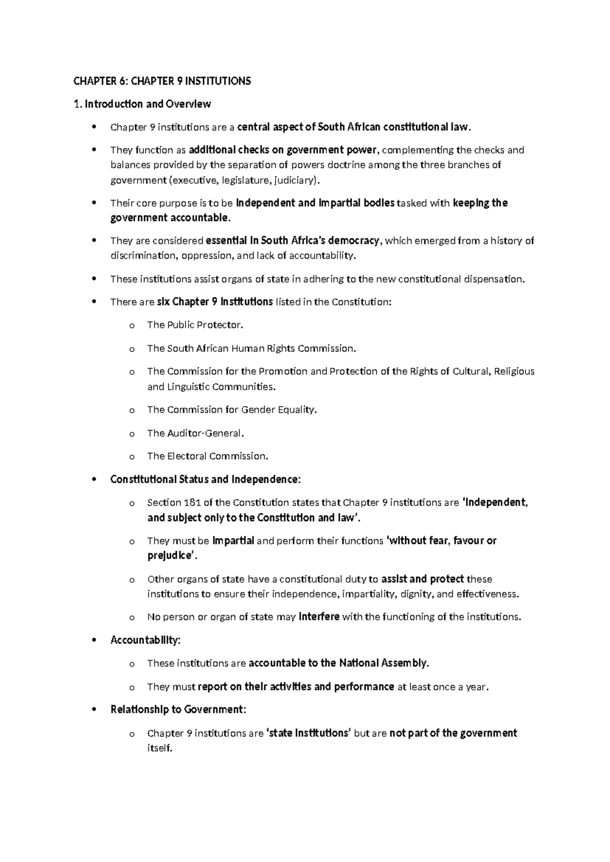 Chapter 6: Summary of Chapter 9 Institutions in SA Constitutional Law ...
