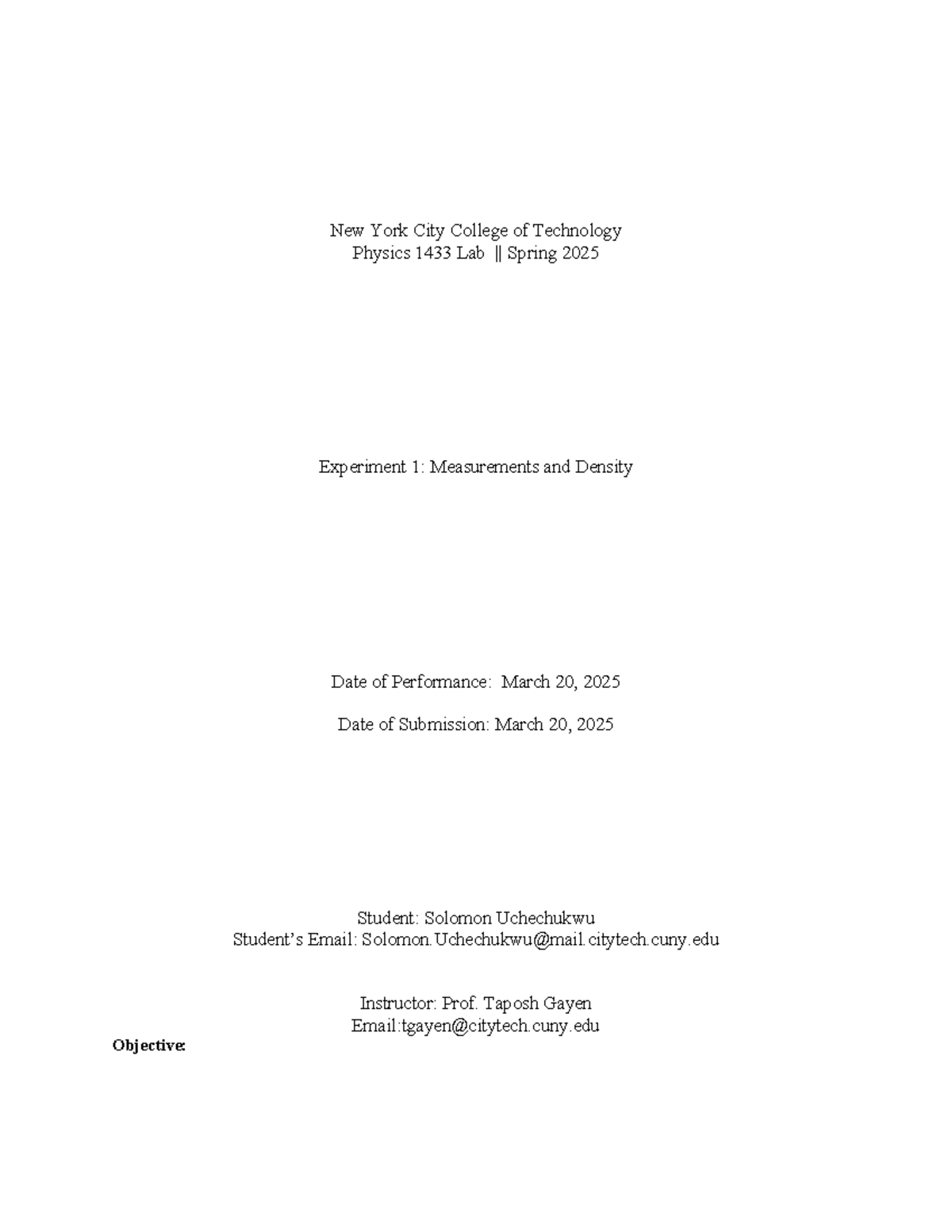 Physics 1433 Lab Spring 2025: Experiment 1 on Measurements & Density ...