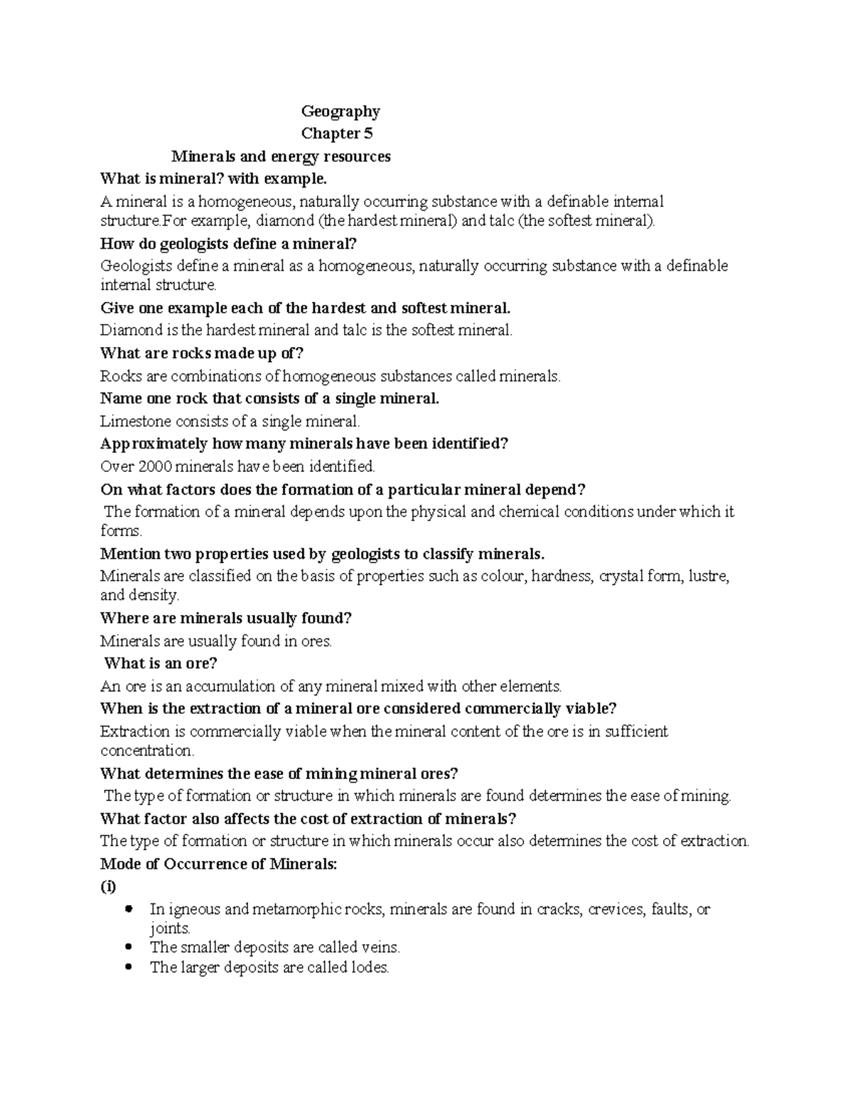 Geography Grade 10 Chapter 5 Notes: Minerals & Energy Resources - Studocu