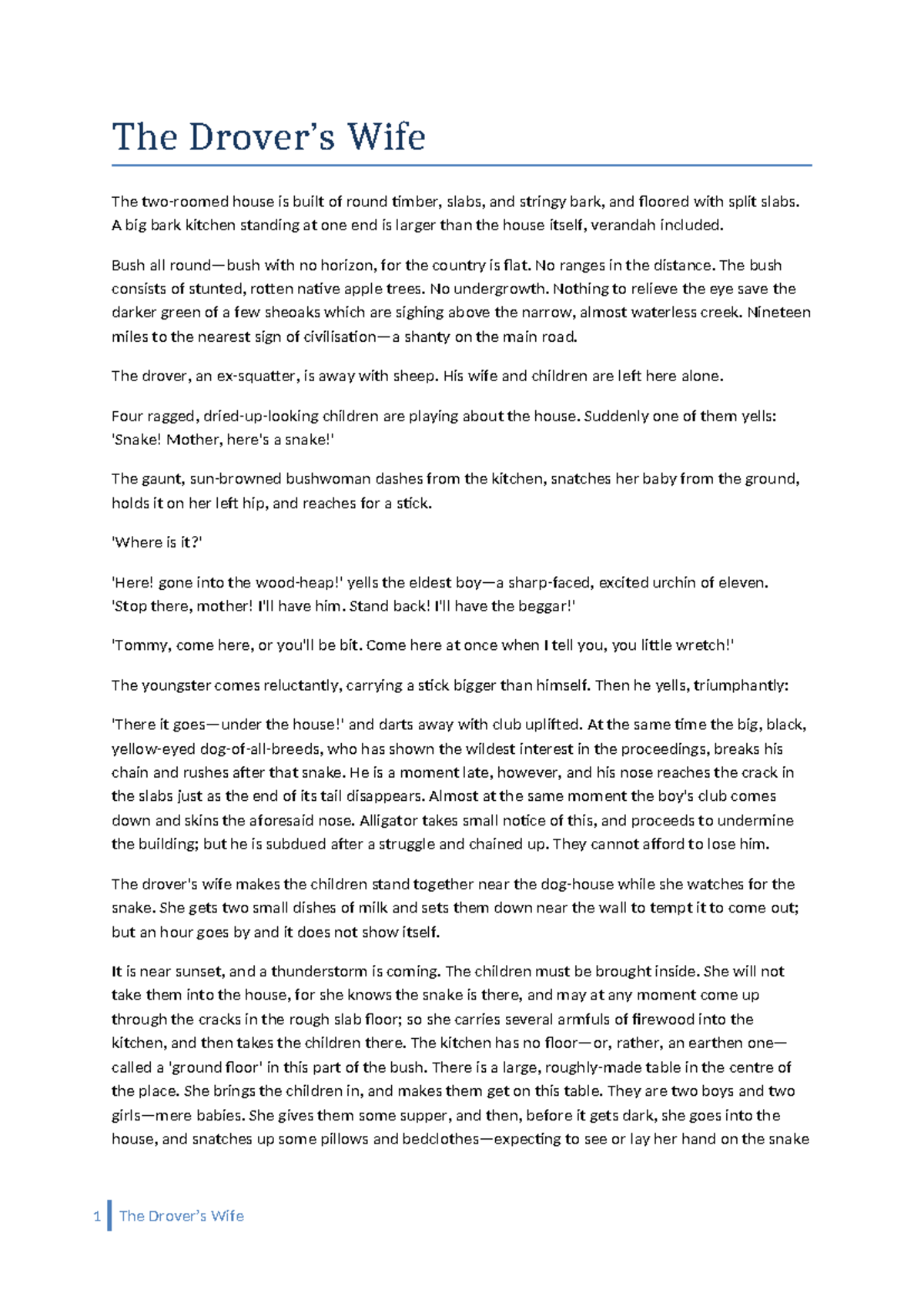 The Drover's Wife - Notes on the drover's wife - The Drover’s Wife The ...