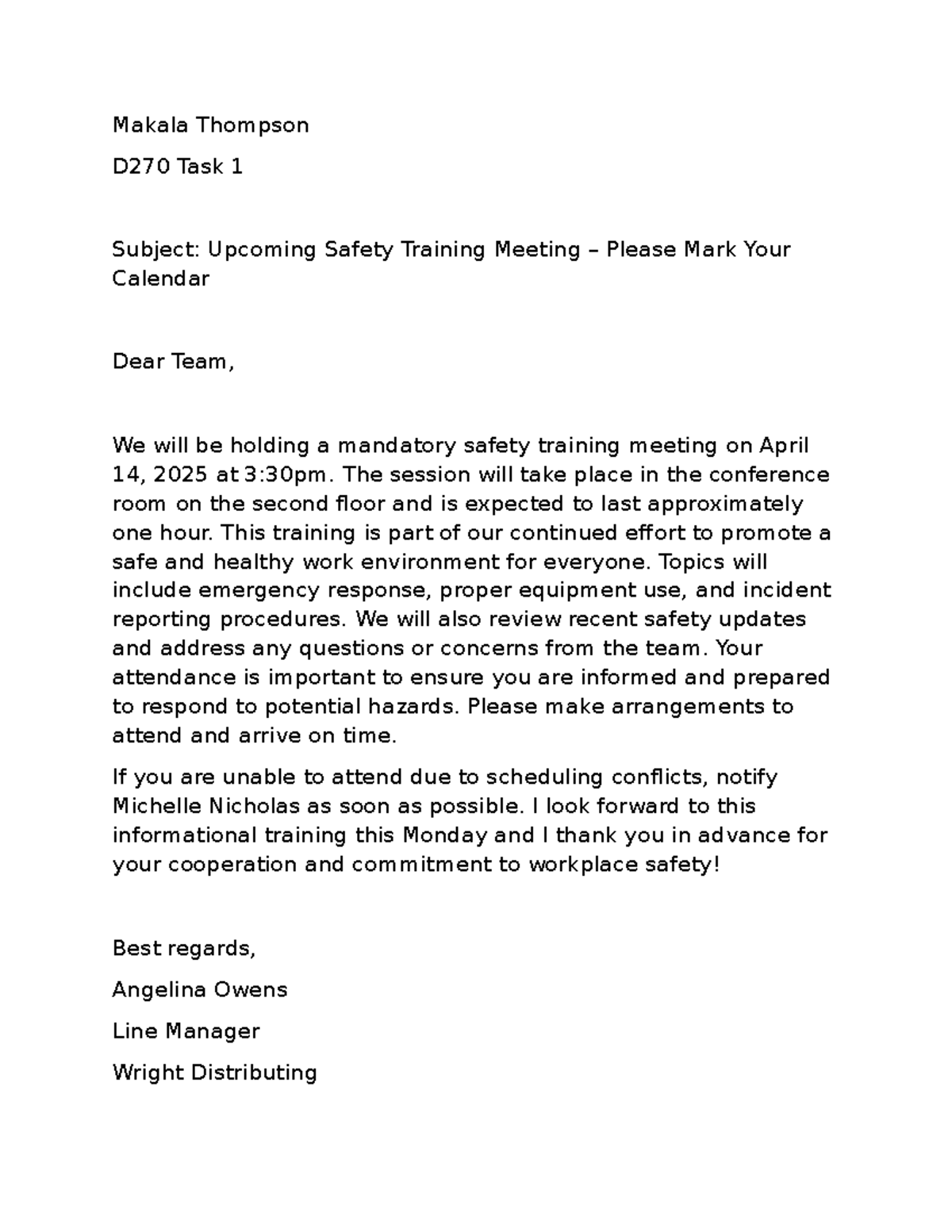 D270 Task 1 - Upcoming Safety Training Meeting Details - Studocu