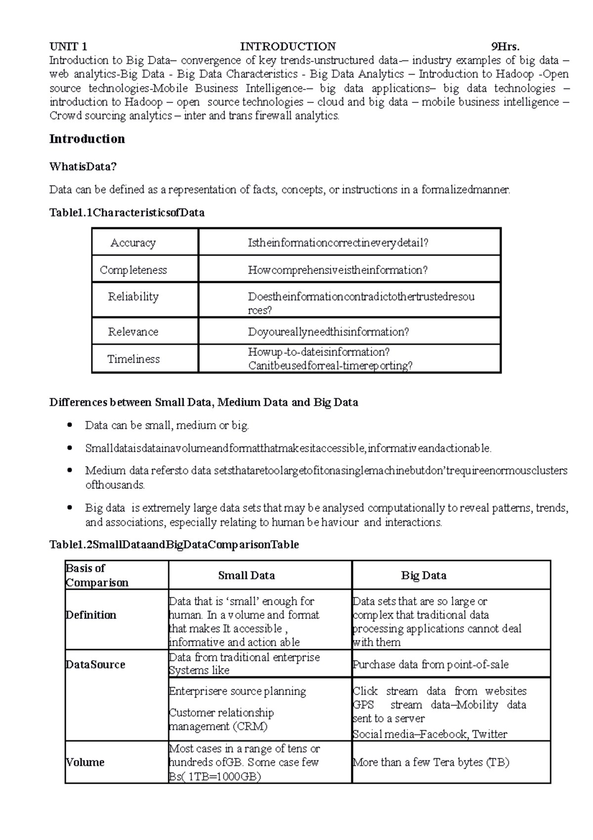 UNIT 1 New1 - UNIT 1 INTRODUCTION 9Hrs. Introduction to Big Data ...