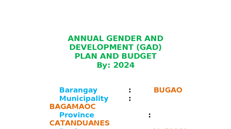 Barangay GAD Plan & Budget 2024: Gender Issues & Activities - Studocu