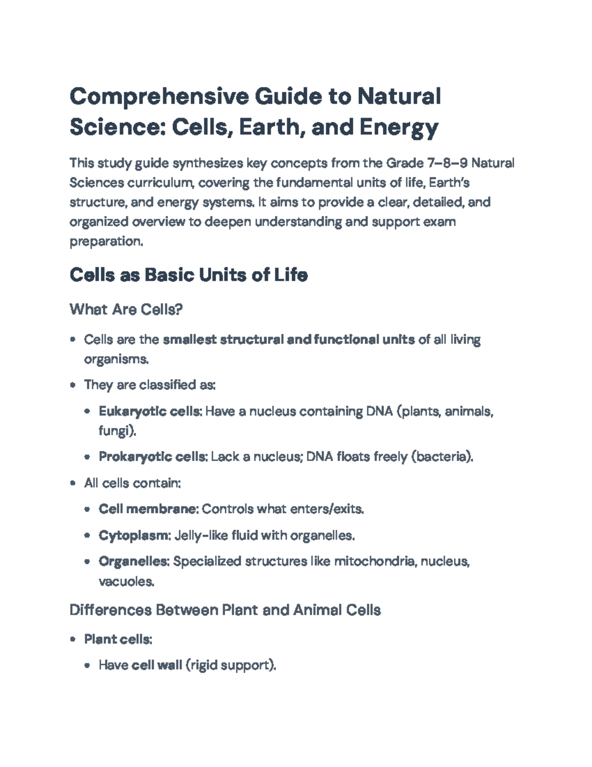 Comprehensive Study Guide for Natural Sciences: Cells, Earth & Energy ...