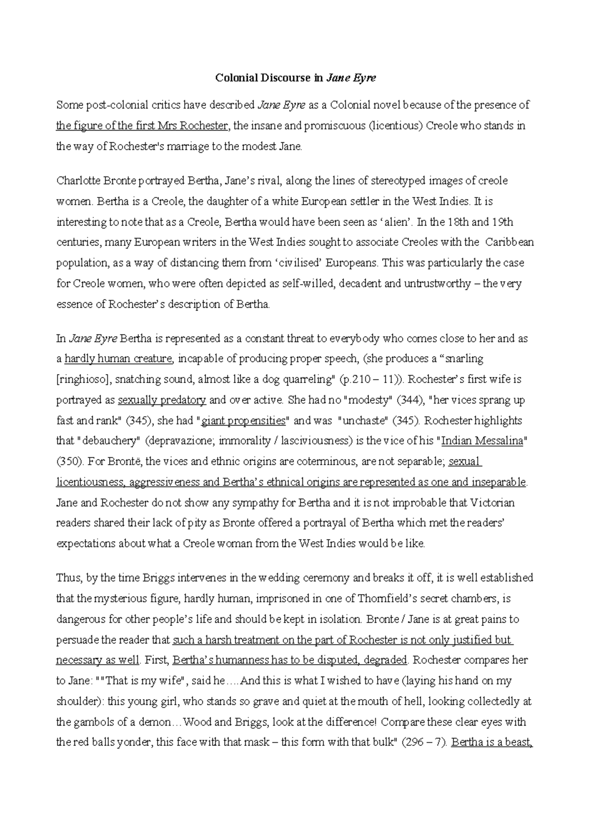Colonial Discourse in Jane Eyre: Analyzing Bertha's Representation ...