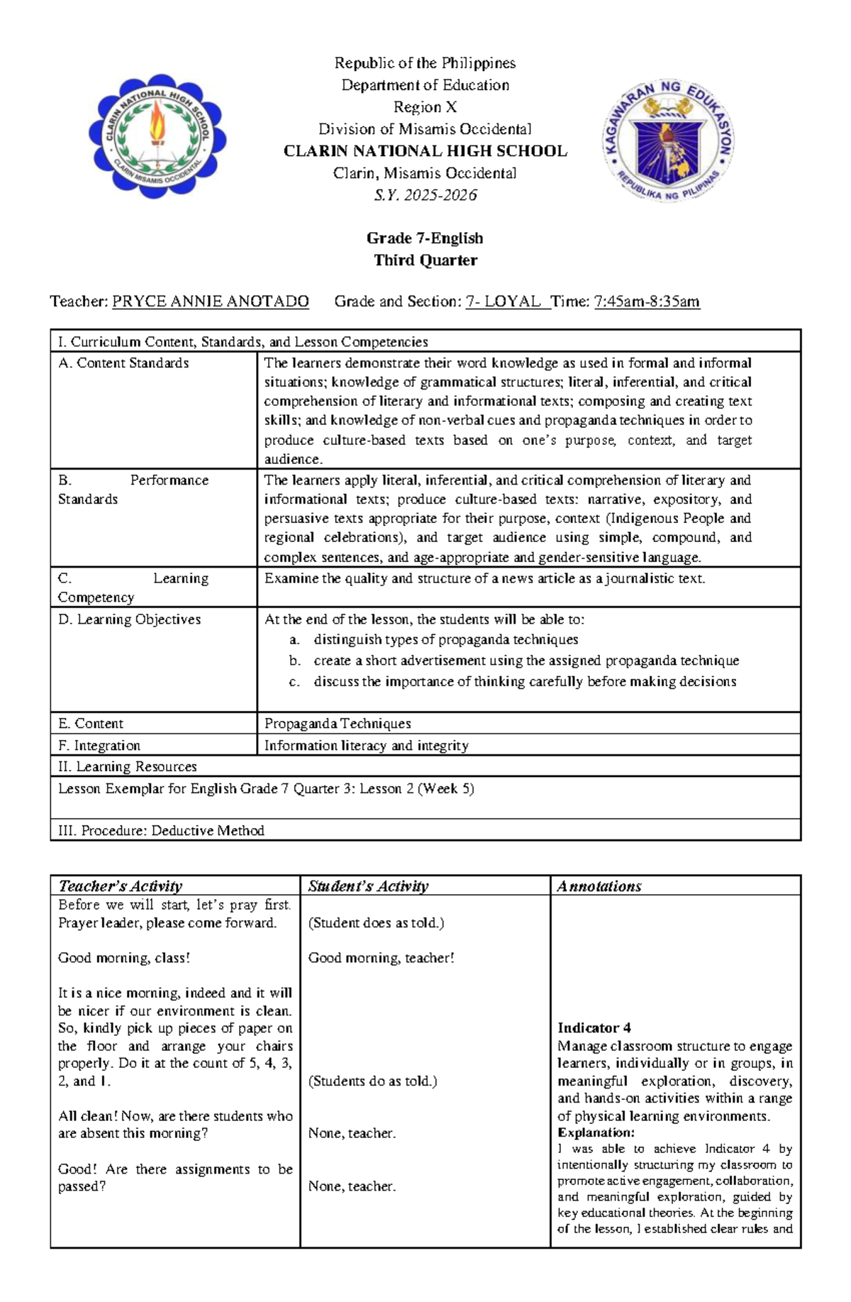 Propaganda Techniques Lesson Plan for English 7 (S.Y. 3rd Quarter ...
