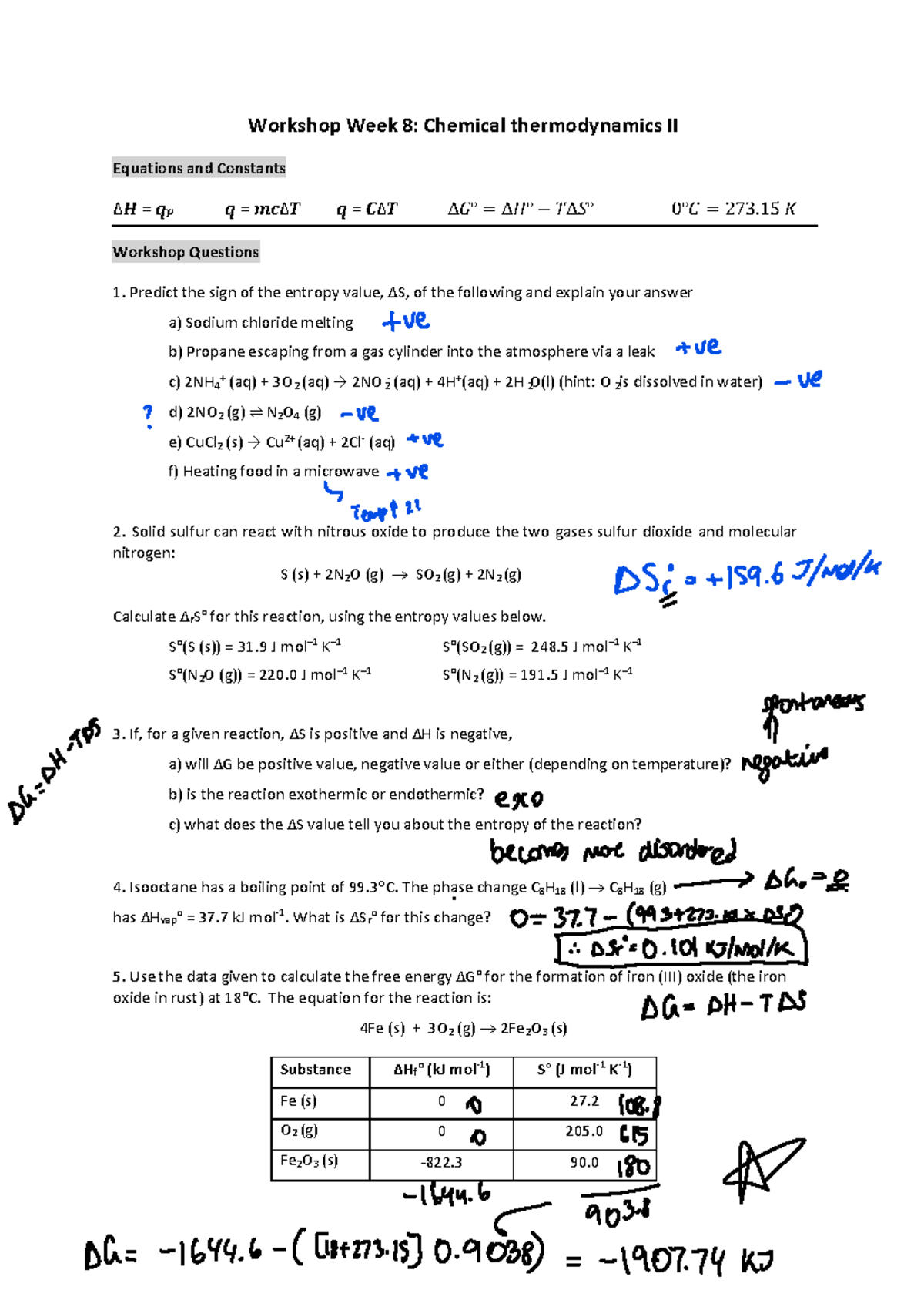 W8 CHM1011: Chemical Thermodynamics II Workshop Questions - Studocu